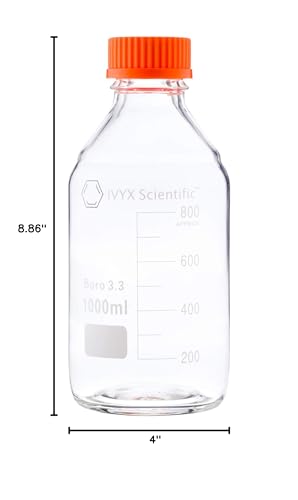 IVYX Scientific Round Media Storage Bottle, Borosilicate Glass, with GL45 Screw Cap - Pack of 2 (1L / 1000 mL)
