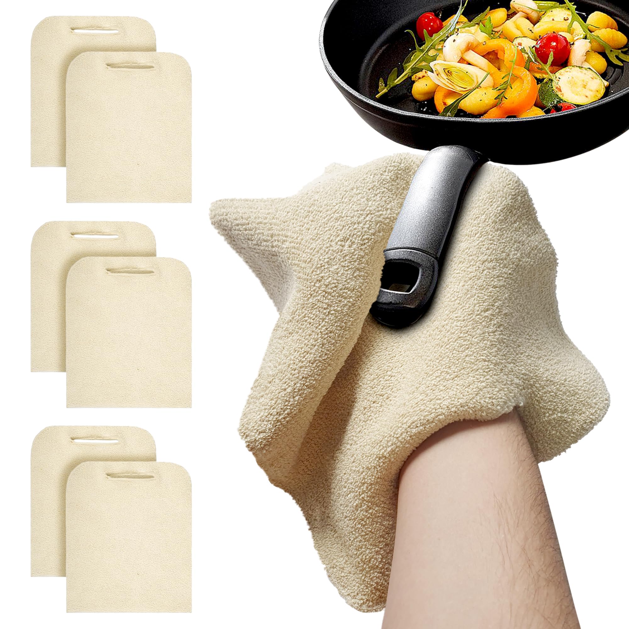 ABC Terry Cloth Pot Holders for Kitchen 9 x 12 Inch. Pack of 6 Natural Color Hot Pads for Kitchen. Washable Pot Holder with Hand Hole. Thick Cotton 460 F Heat Resistant Pot Holders