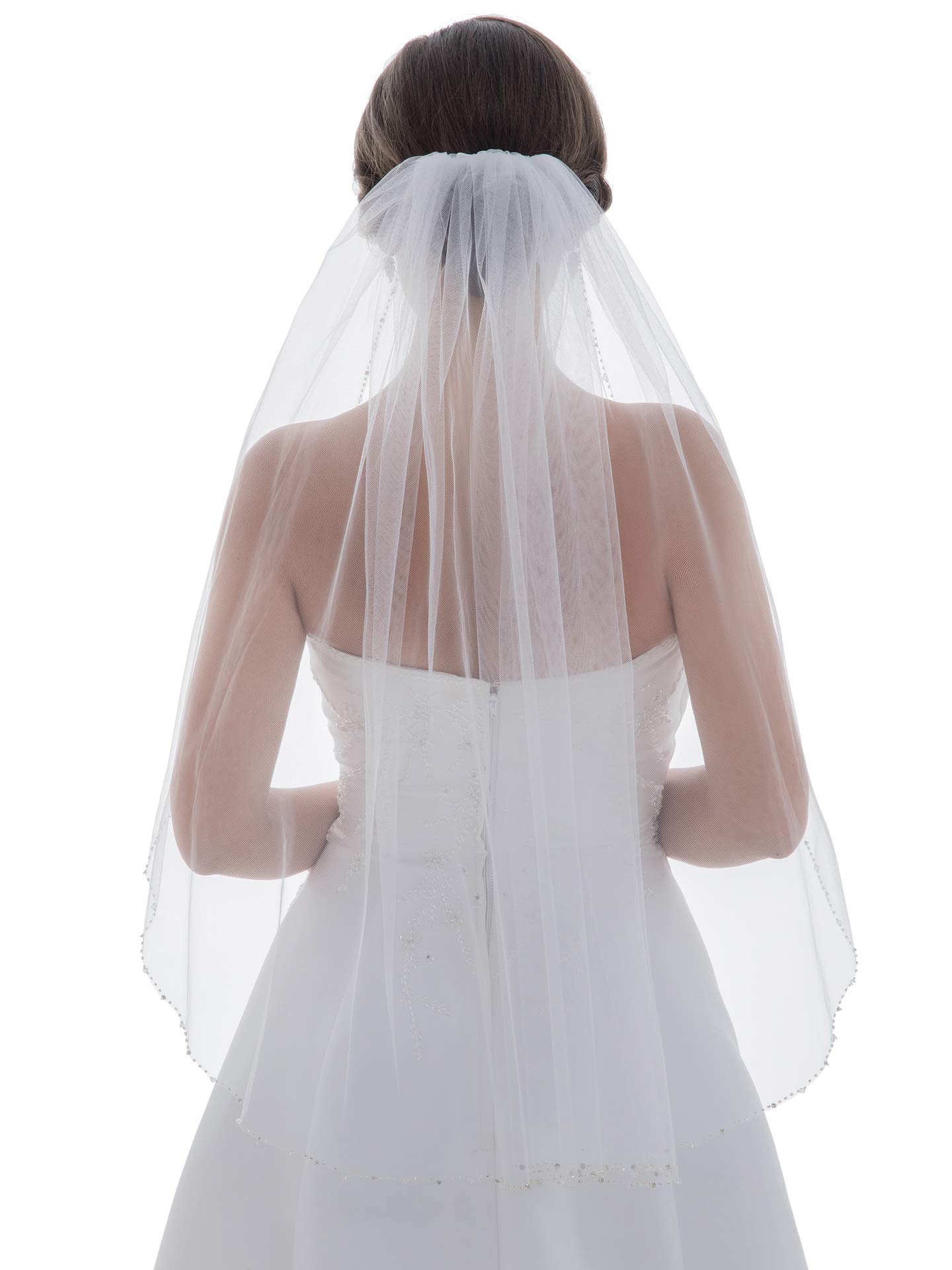 1T 1 Tier Crystals Silver Beaded Wedding Veil - Light Ivory Elbow Length 30" V407