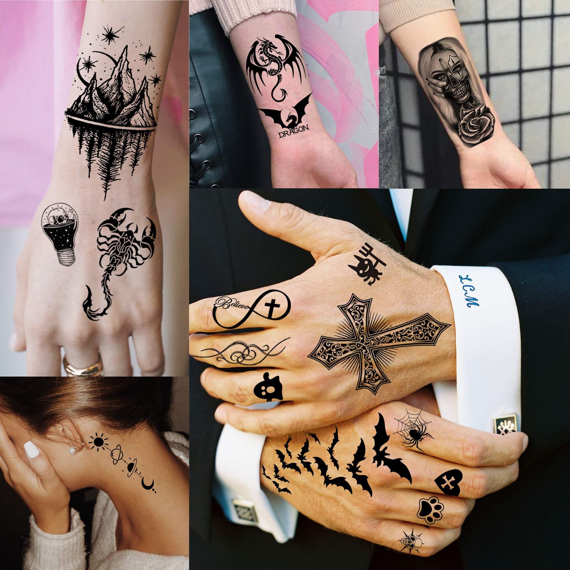 67 Sheets 3D Black Tribal Realistic Temporary Tattoos for Men Women Adults - Tiger Lion Gladiator Temp Skull Fake Half Arm Sleeve Tattoos Sticker