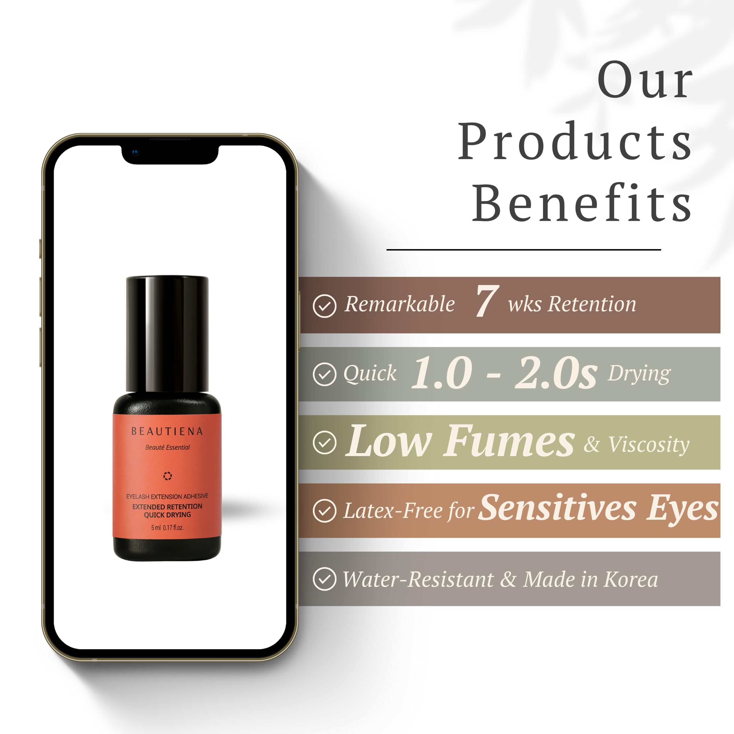 All New Professional Eyelash Extension Glue by BEAUTIENA β 7 Weeks Retention 1.0-2.0 Secs. Drying Time Semi-Permanent Long Lasting Lash Glue Eyelash Glue 0.17 Oz. (5ml) / Never for Self-Application