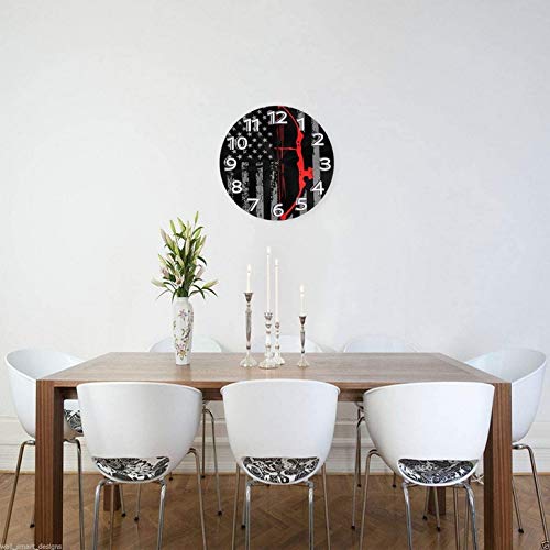 BUSHUO Archery Bow Hunting Us Flag Wall Clock Waterproof Decorative Clocks Lightweight Clock with Roman Numeral Hands Durable Round Wall Clock for Living Room Classroom Patio Bedroom