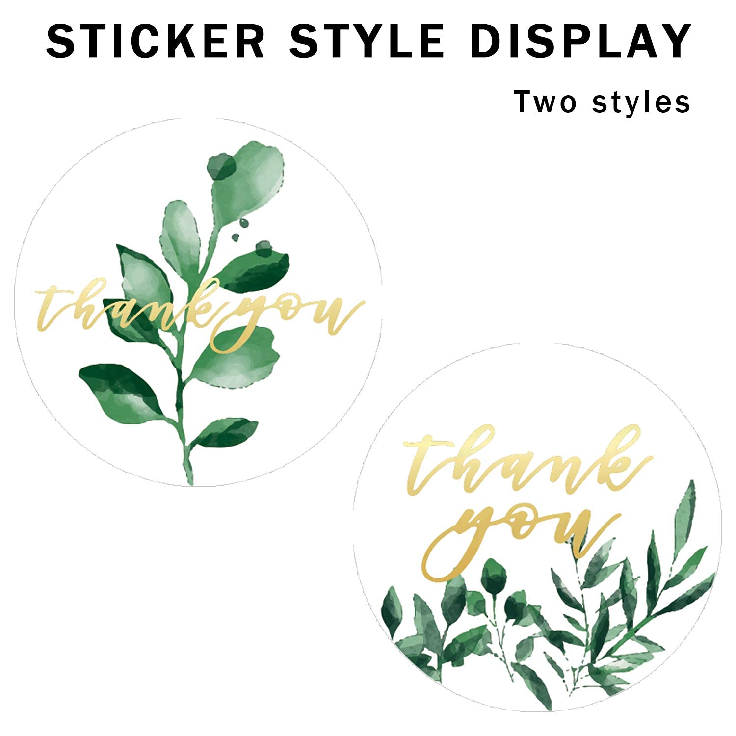 Abeike Thank You Label Sticker 1.5 Round.500 Labels per Roll, Thank You Sticker for Birthday, Wedding, Gift.The Poster Pattern is Two Different Leaves. Golden Font. GreenGold