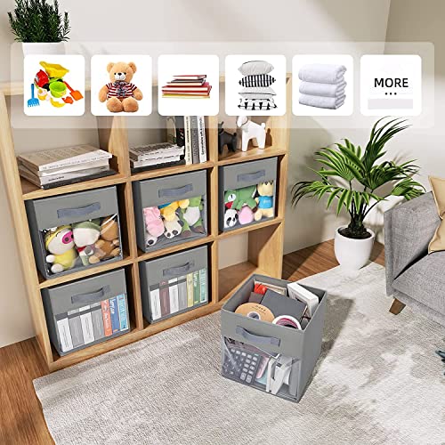 DIMJĀ Cube Storage Bins, 3 Packs Clear Window Fabric Storage Bin Organizer for Closet Shelves Home Storage Cubes Organizer with Handles