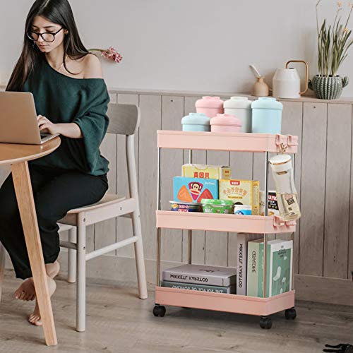 DILUOOU 3 Tier Slim Storage Cart, Mobile Shelving Unit Organizer Slide Out Rolling Storage Racks with Wheels, for Kitchen Bathroom Laundry Room Narrow Places,Pink