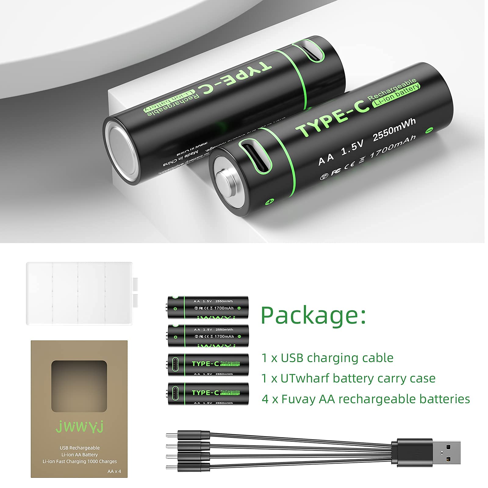 AA Lithium Rechargeable Batteries - 4Pack Smart Rechargeable AA Batteries by JWWYJ,Lithium Ion 1.5v 2550 mWh, Type C Battery Charging Cable, LED Charge Indicator