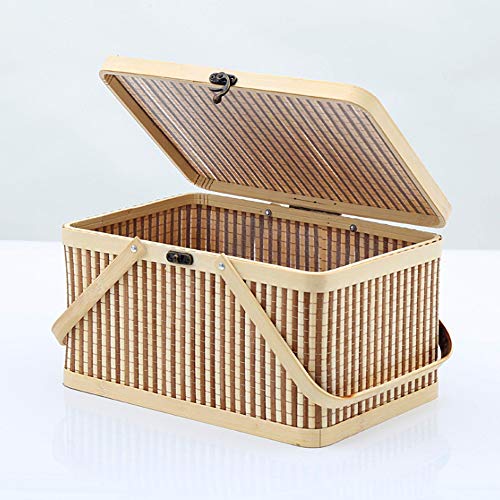 HEFUTE Handmade Bamboo Basket with Lid, Handle Square Portable Organizer with Lock Fit for Clothes Storage Lightweight Durable Easy to Carry
