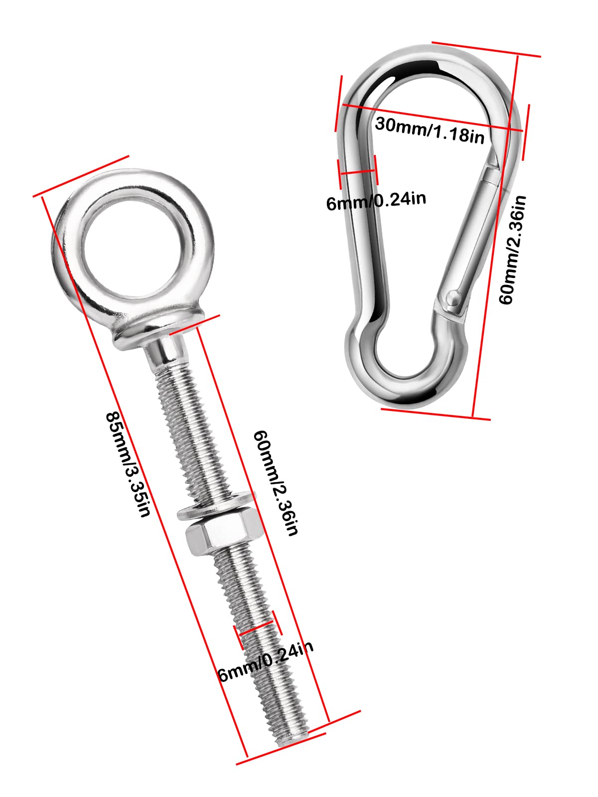 Abimars Lifting Shoulder Eye Bolt M6 with Nuts and Spring Snap Hook, 4 Pcs 316 Stainless Steel Eyebolts for Hanging Items