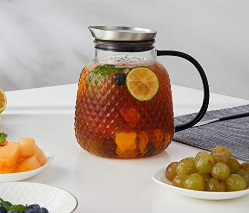 Purefold 40 ounces “Pineapple Series” Glass Pitcher with Stainless Steel Lid, Hot and Cold Water Carafe, Fruit Tea Coffee Maker, Ice Tea Pitcher, Juice Jar