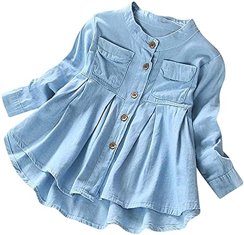 Baby Girls Kid Button Ruched Long Sleeve Pocket T-Shirt Tops Clothing Children Autumn Winter Fashion Blouse (Blue, 7-8 Years)