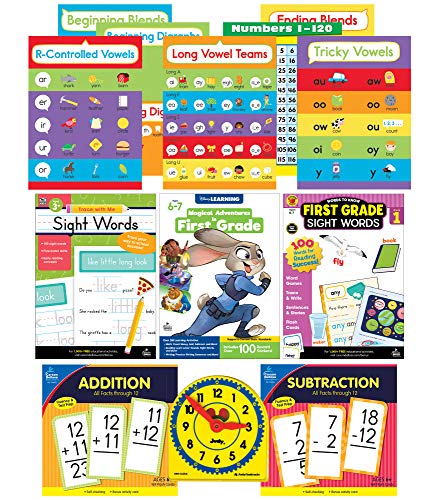 Carson Dellosa (CAS0P) First Grade Homeschool Kit for Kids β Elementary Math, Phonics, Sight Word Activities, Learn to Tell Time for Learn at Home (8pc) (145191)