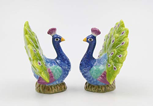 Fine Porcelain Peacock Open Fan Tail Salt & Pepper Shakers Set, 3-1/8" H