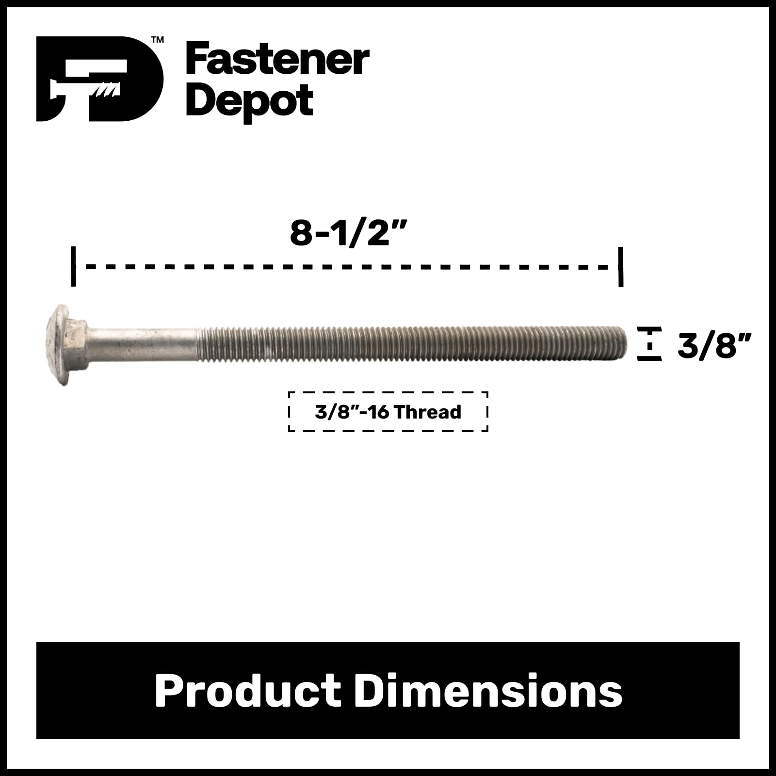 3/8"-16 x 8-1/2" Hot Dipped Galvanized Carriage Bolt w/Nuts & Flat Washers, Grade A, 6" of Thread, Quantity 25 - by Fastener Depot, LLC