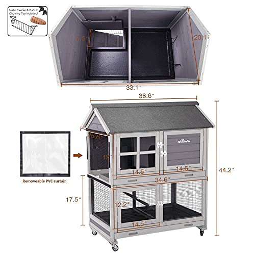 Rabbit Hutch Indoor Rabbit Cage for Small Animals Outdoor Bunny Cage with Movable Wire Netting, Guinea Pig Habitat On Wheels,Pull Out Leak Proof Tray (Grey+Camel)