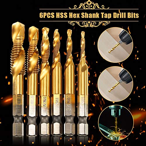 6pcs Thread Tap Screw Metric Thread Coated HSS Drill and Tap Bits 1/4" Hex Shank Drill Bits M3-M10