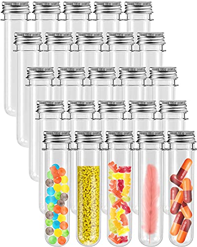 60 Pcs Plastic Test Tubes with Caps, HommyPrefer 25x140MM (45ML) Clear Test Tubes, Tube Container Vials with Good Seal for Scientific Experiments, Candy Storage, Jewelry, Party Favors or Decoration