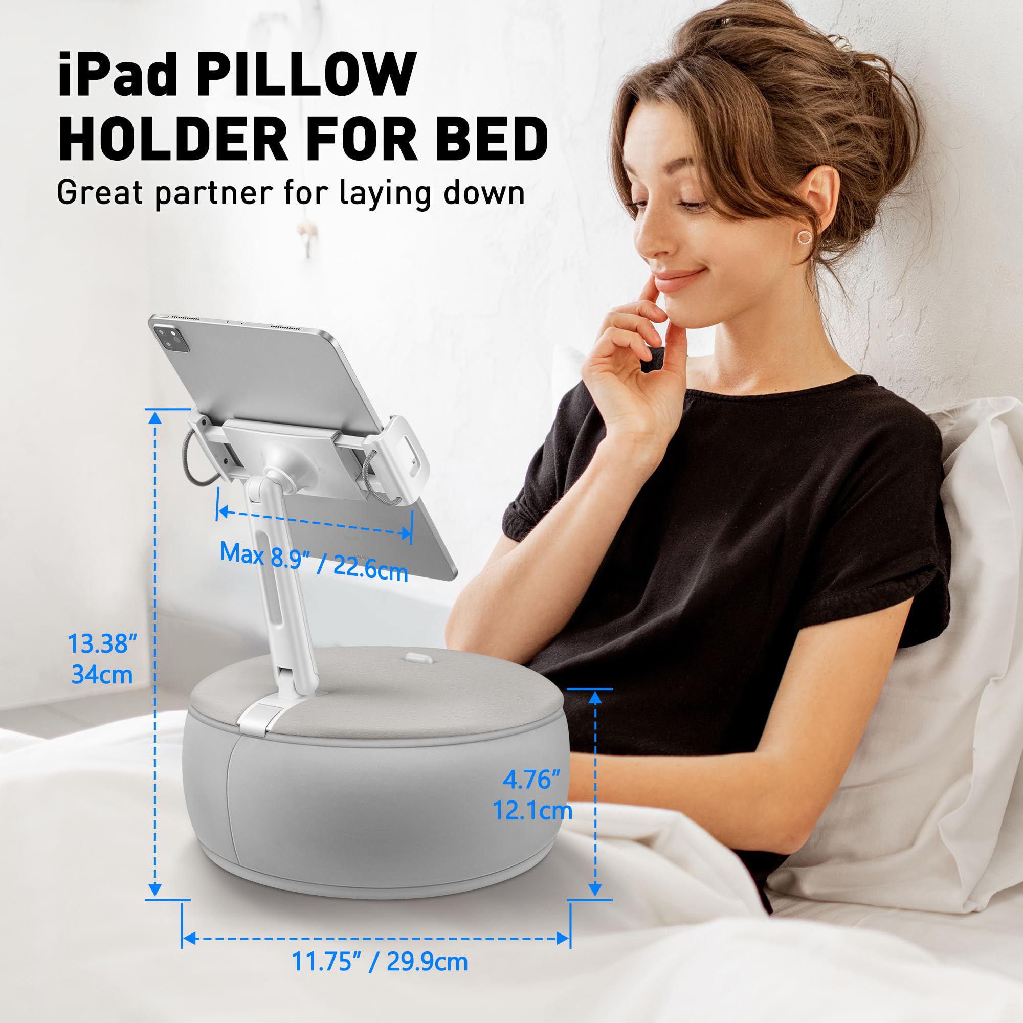 AboveTEK Tablet Pillow Stand Holder for Bed, Hands Free 360° Swivel Phone/iPad/Kindle Pillow Stand for Lap Reading in Bed Laying Down w/Soft Bean Bag, Fits 4.7" to 12.9" Tablets/Phones/Kindle (Grey)