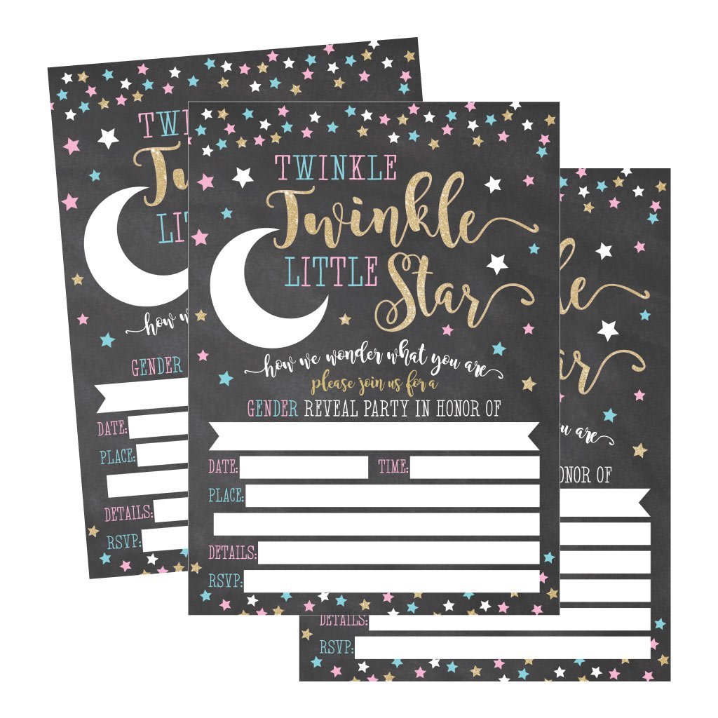25 Twinkle Little Star Gender Reveal Baby Shower Party Invitation Cards Gold and Black He or She For Gender Neutral Unisex Invites Guess If It's a Boy or Girl Sprinkle Fill In The Blank Printable Pack