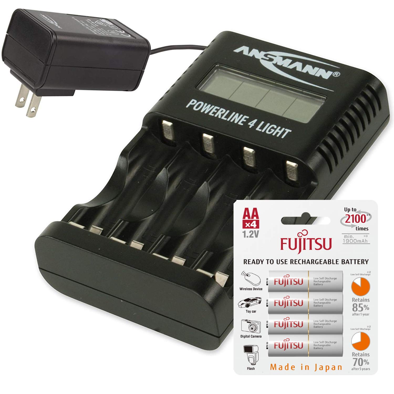 Ansmann 1001-0011-US-590-10 Powerline 4 Light AA/AAA Smart Battery Charger + USB-Port LCD-Display + 4X Fujitsu AA Batteries