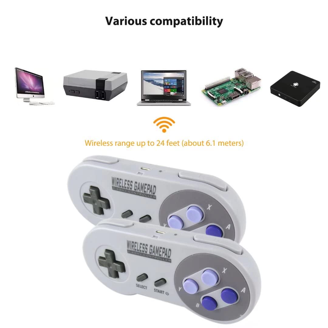 2 Packs Wireless Controller 2.4GHz for SNES/NES Classic Mini Edition, Plug & Play Retro Gamepad with USB Receiver Joystick Rechargeable Super-NES Game Controllers for PC/Windows/iOS/ Android