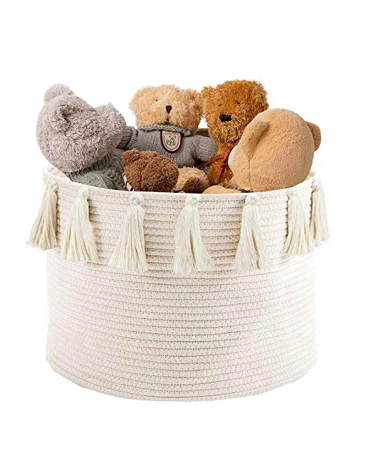 ABETREE Tassel Woven Storage Laundry Basket 17.7" x 11.8" with Handle Cotton Hamper Nursery Basket Blanket Baby Toy Storage Organizer