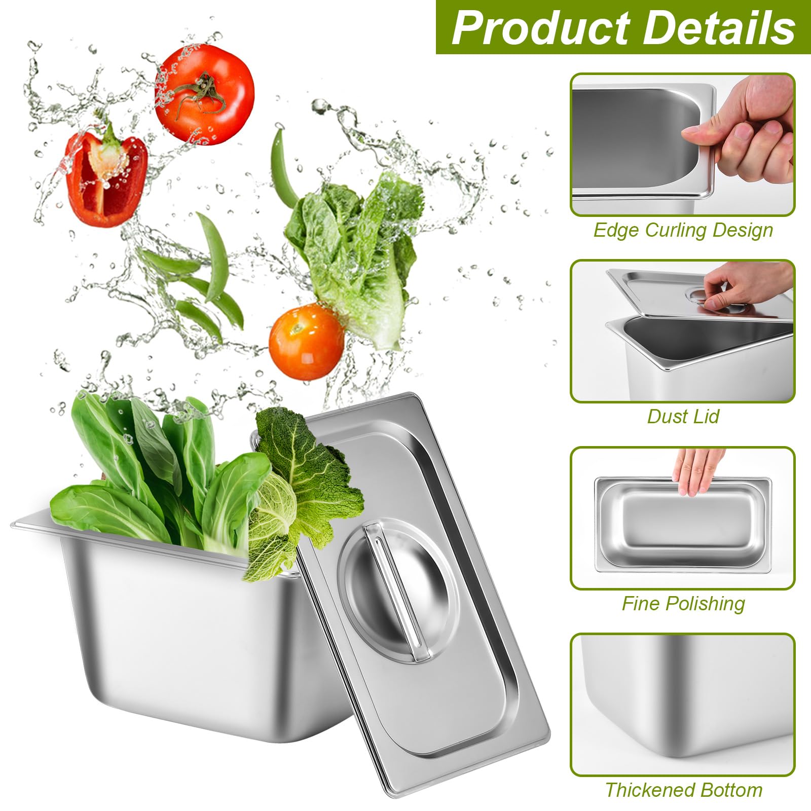 1/6 Size 8 Pack Stainless Steam Hotel Pan with Lids, 6" Deep 1.2 mm Thick Stainless Steel Jam Steam Pan, Steam Table Pan for Restaurant, Hotel, Party