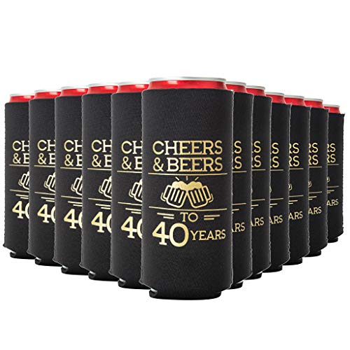 Cheers & Beers to 40 Years Slim Can Coolers, 40th Birthday Party Coolies, Set of 12, Black and Gold Thirtieth Birthday Cup Coolers, Perfect for Birthday Parties, Birthday Decorations