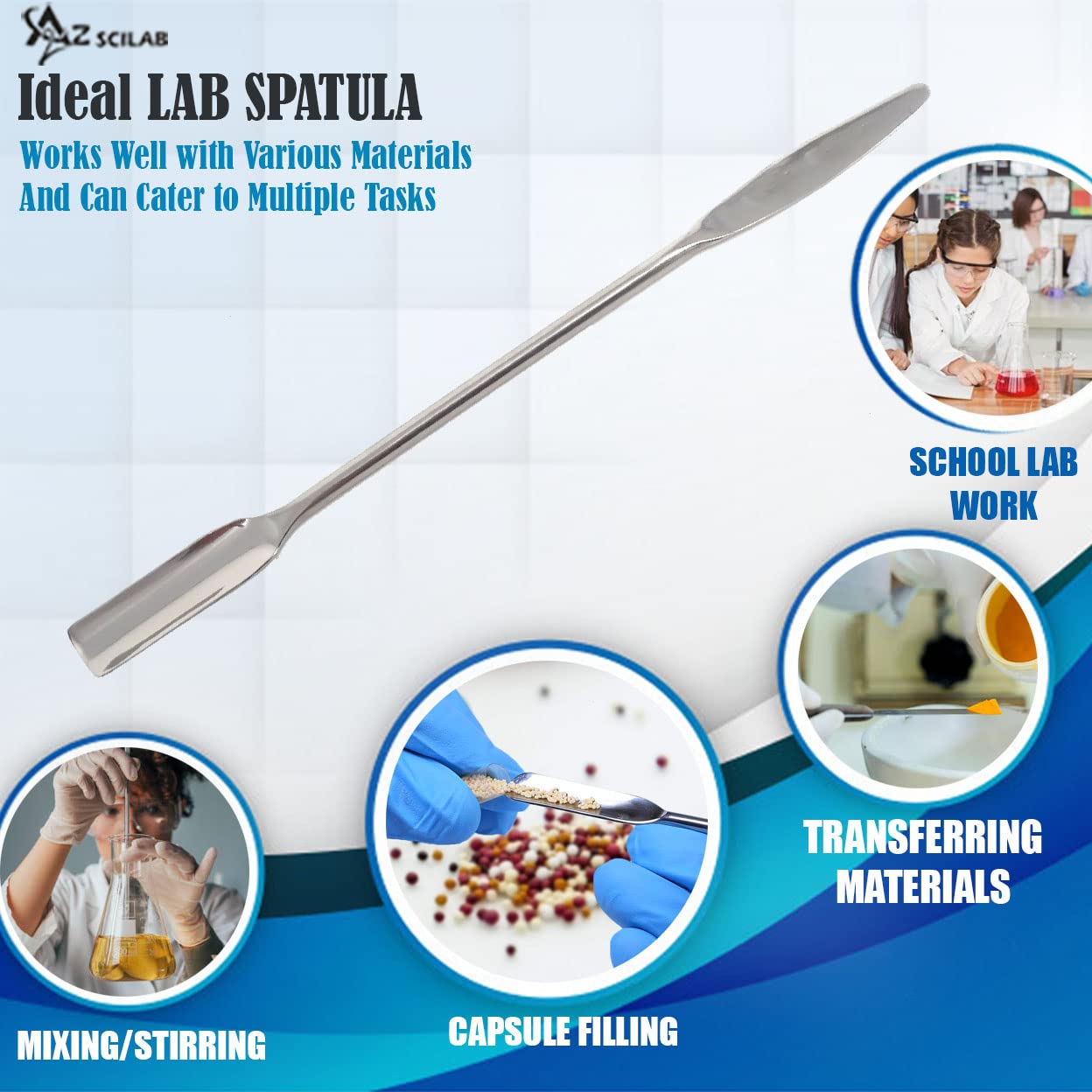 A2Z-DE008 Stainless Steel Double Ended Micro Lab Spatula Sampler, Semi Circle Scoop Spoon & Tapered Arrow End, 7" Length