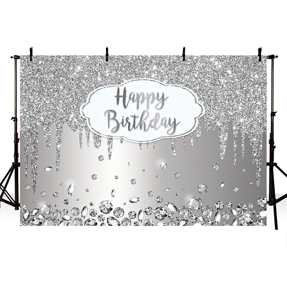 ABLIN 7x5ft Happy Birthday Backdrop Dripping Glitter Crystal Diamond Silver Photo Background Girls Women Bday Party Decorations Cake Table Banner Wall Decor Props