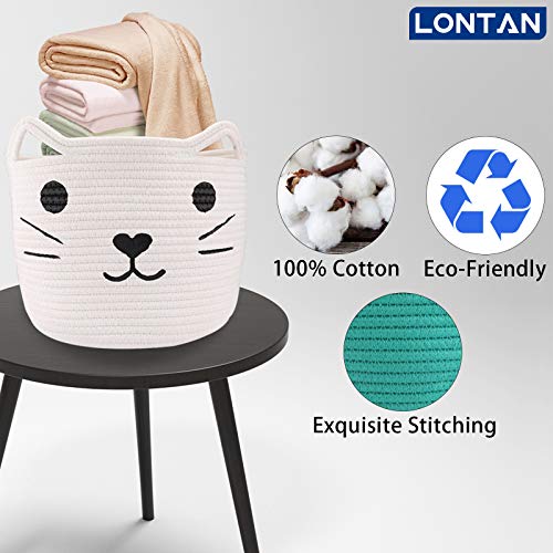 12''X10'' Woven Basket White Toy Storage Basket Cat Design | LONTAN Cotton Rope Basket Collapsible Baby Hamper Cute Bathroom Storage Basket for Clothes, Towels
