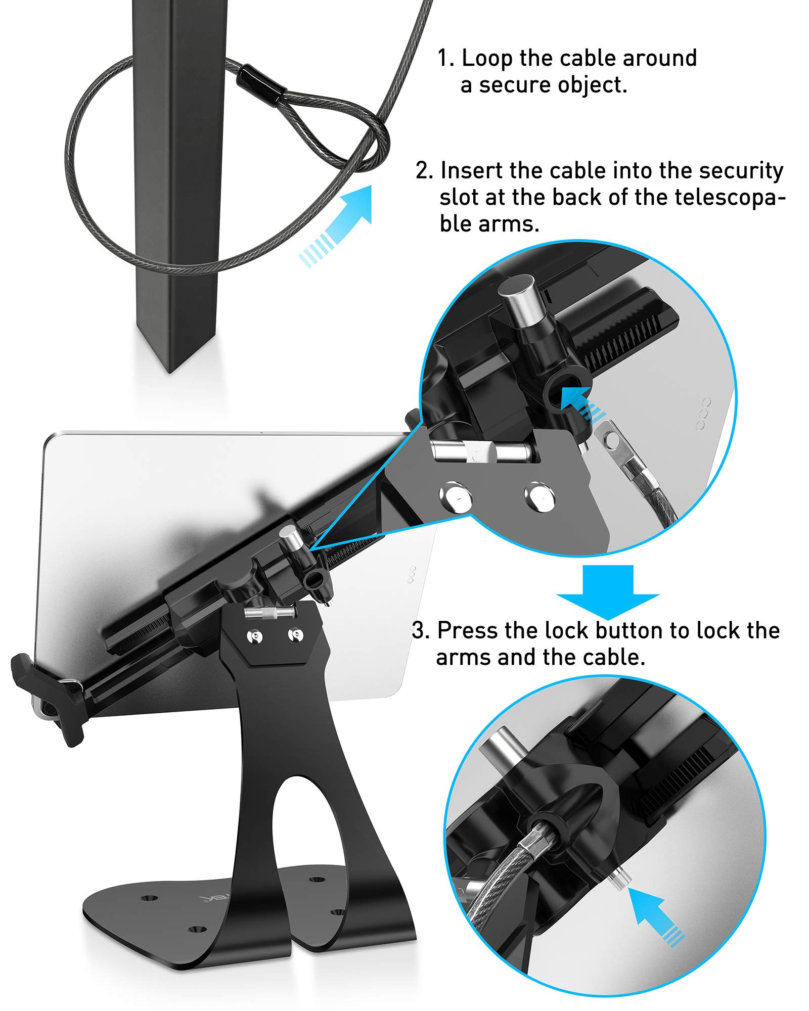 AboveTEK Anti-Theft iPad Stand, Universal Security POS Tablet Stand, Diagonally-Oriented iPad Locking Mount for 7-13 inch iPad, Galaxy with Security Cord and Key, 360° Swivel for Business and Retail