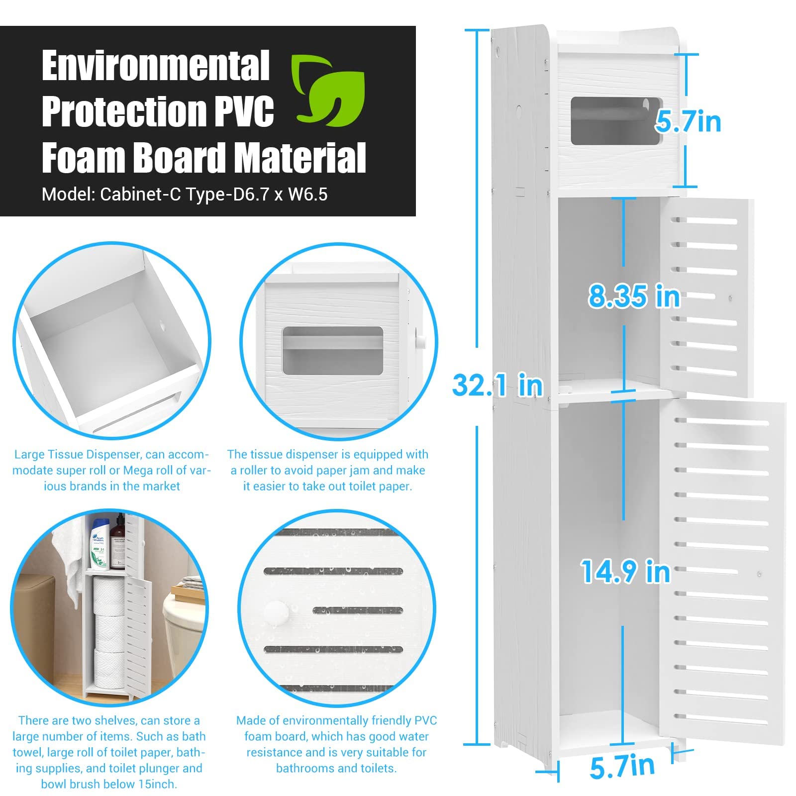 Bathroom Storage Cabinet for Small Space with Doors and Shelves, 4-Tiers Narrow Bathroom Cabinet,Waterproof Toilet Paper Storage Organizer with Toilet Paper Roller,Accommodate Mega Rolls(White 2Pack)