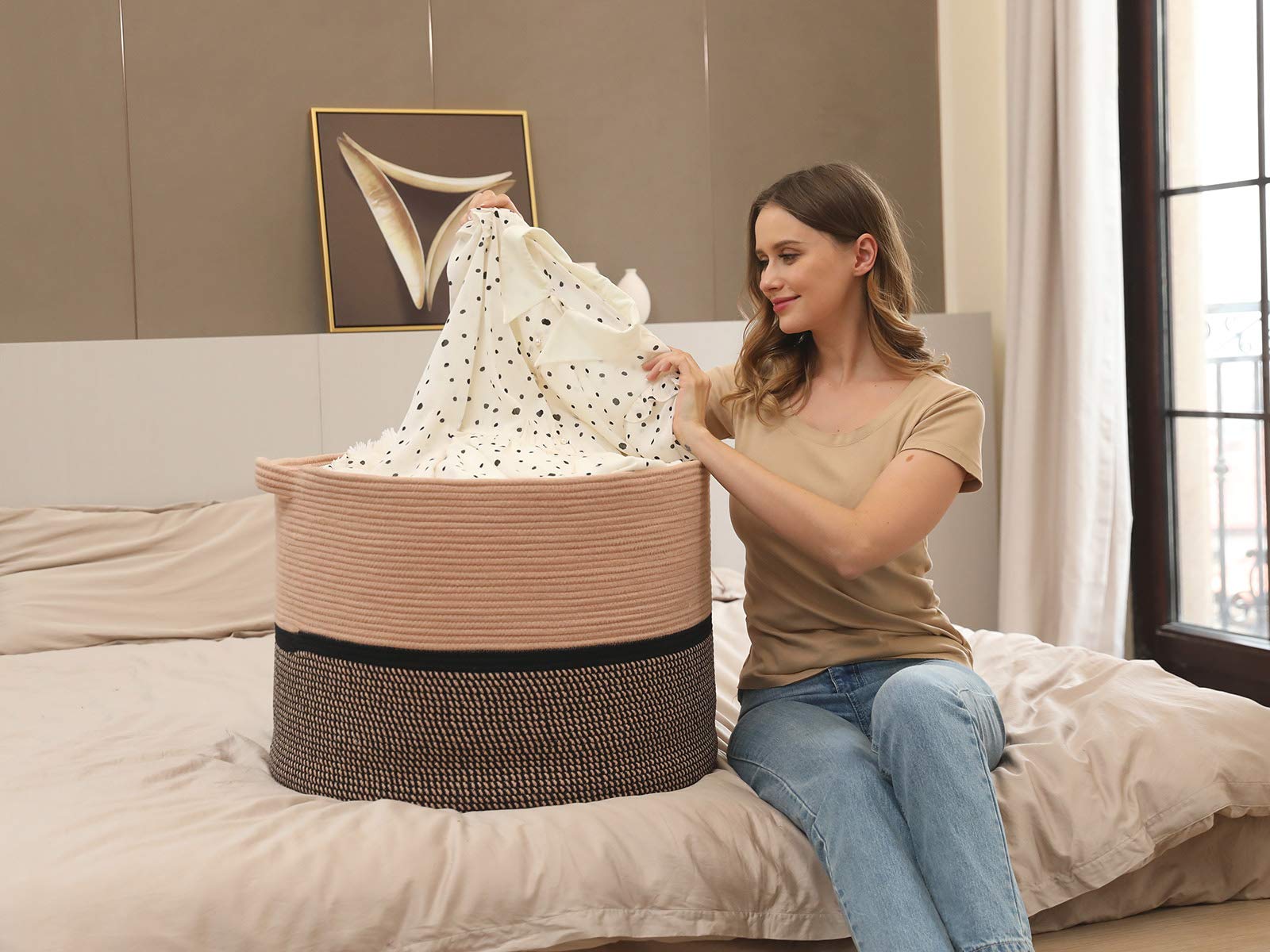 24" x 24" x 17" Max Size Large Cotton Rope Basket, Extra Large Storage Basket, Woven Laundry Hamper, Cloth Storage Bin, for Blankets Clothes Towels Pillows in Living Room, Beige Red/Black Mix