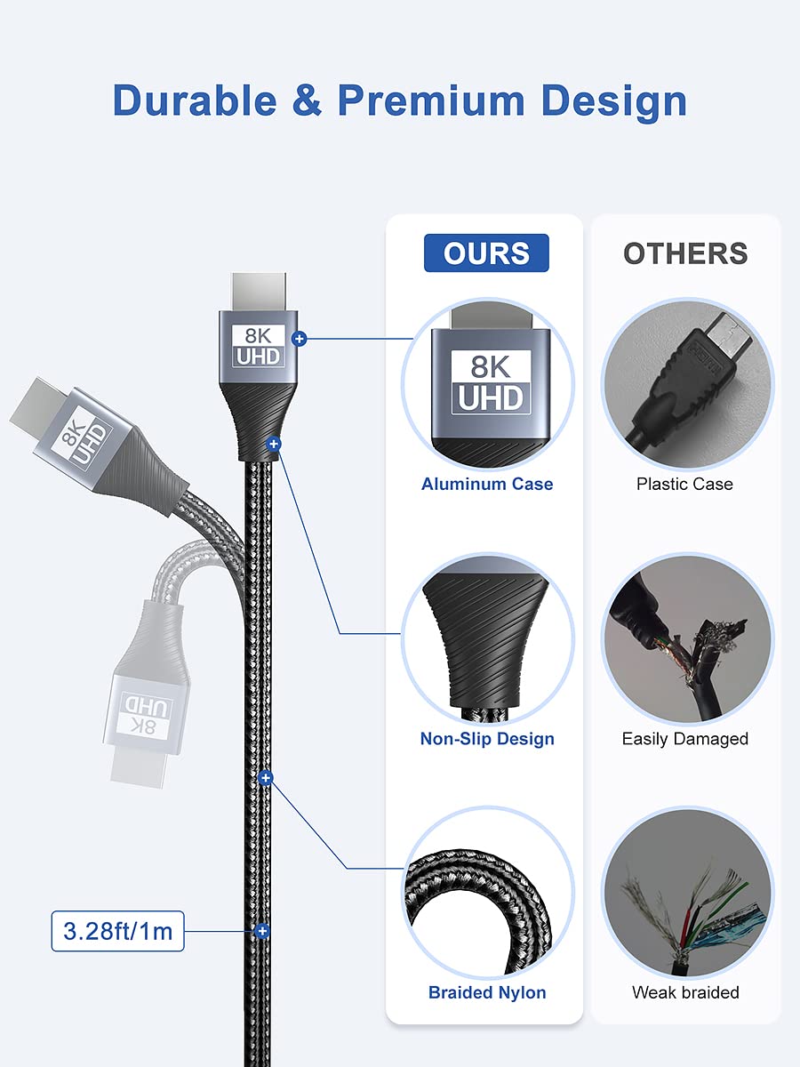 dockteck 8K HDMI Cable 6ft | High Speed hdmi to hdmi Cables 2.1, Braided Cord 60Hz 48Gbps 120Hz Support eARC Dolby Vision HDR 10 HDCP 2.2 & 2.3, Compatible with Roku TV PS5/4 HDTV Xbox Blu-ray