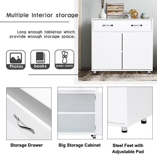 Henf White Storage Cabinet with Two Doors and 1 Big Storage Drawer Side Table Kitchen Storage Sideboard 2 Tire Pantry Cabinet for Living Room Bathroom Laundry Room Furniture