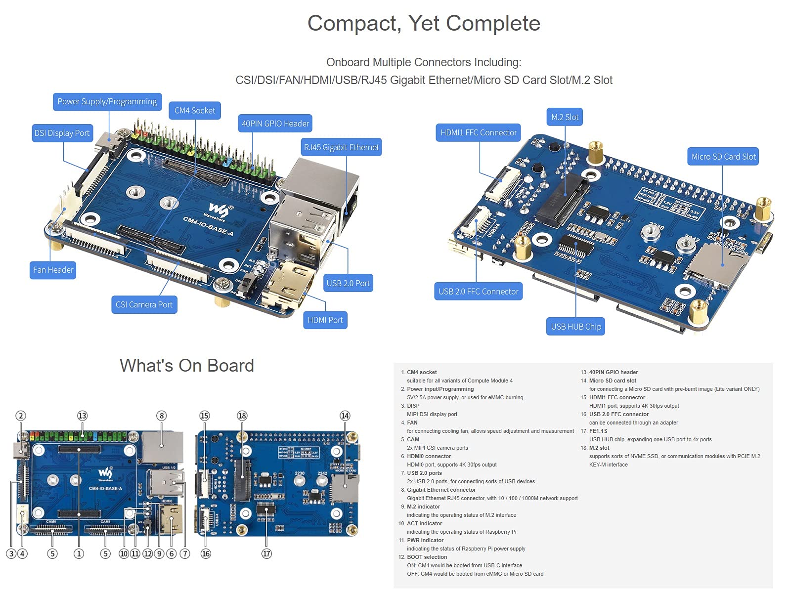 for Raspberry Pi Compute Module 4 IO Board,Mini Base Board (A) Lite Version with Standard CM4 Socket and Color-Coded Raspberry Pi 40PIN GPIO Header Onboard CSI/DSI/FAN/HDMI/USB/RJ45 Connectors