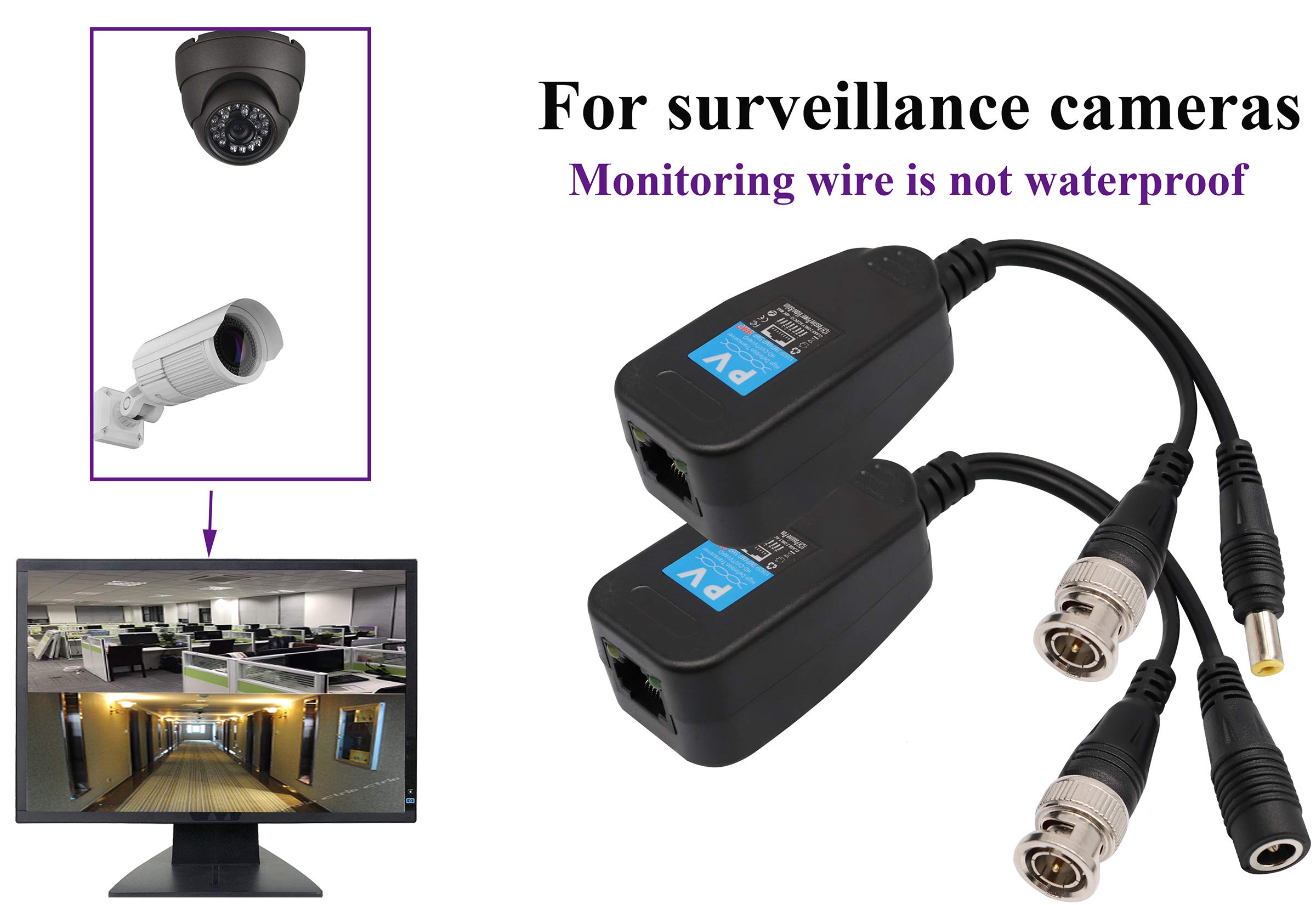 AAOTOKK Video Balun RJ45 to BNC Transceiver Transmitter HD-CVI/TVI/AHD/CVBS with DC Power Connector for 1080P 3MP 4MP 5MP 8MP CCTV Security DVR Surveillance Camera System (4Pairs)