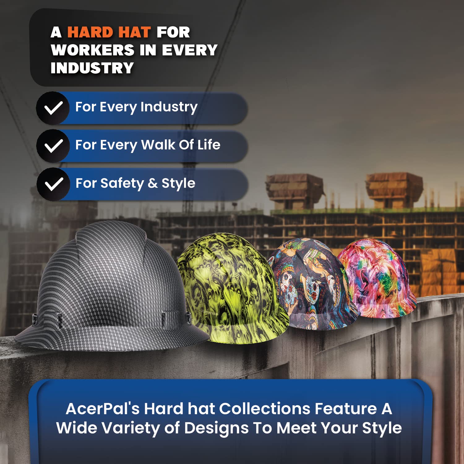 Acerpal Updated Vented Full Brim Hard Hat, Light Grey Carbon Fiber Gloss, Padded, OSHA Construction Safety Approved Hardhats, Hard Hats for Men, Cascos De Construccion Helmet.