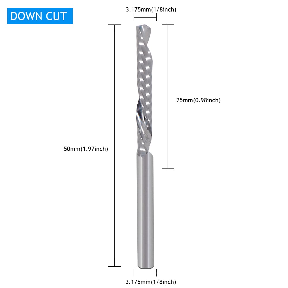 1/8 Inch Down Cut Single Flute (O Flute) Spiral End Mill CNC Router Bits ,with 1/8 Inch Cutting Dia,1 Inch Cutting Length for Acrylic PVC MDF Wood Pack of 5