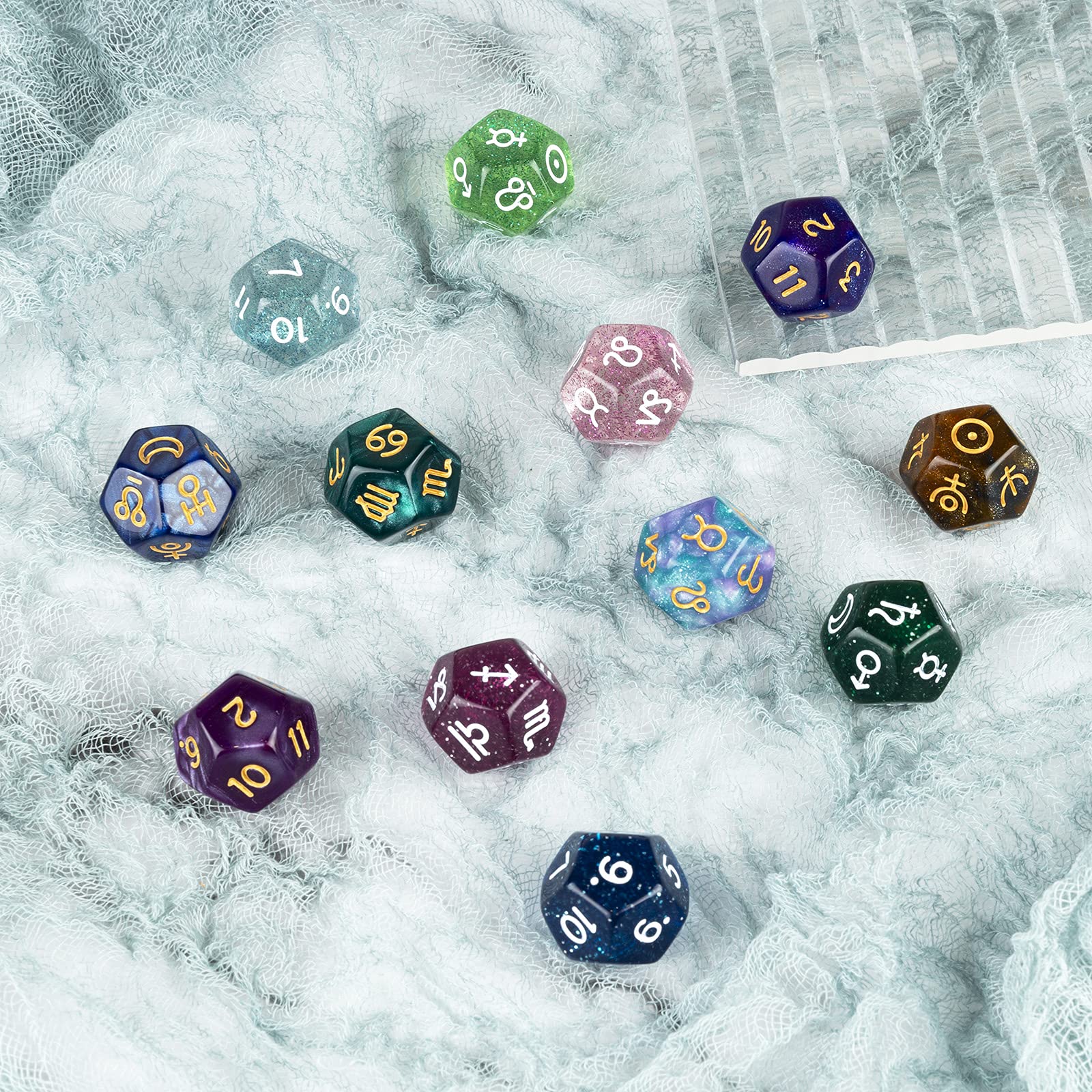 12 PCS Tarot Cards Dice D12 Astrological Dice Resin Pearl Constellation Sign 12-Sided Dice for Astro Divination Gaming Accessory