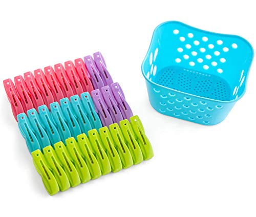 Goeielewe 30 Pcs Plastic Clothespins Clothing Clips Pegs with Storage Basket, Multifunction Windproof Clothing Towel Clips for Clothesline Hangers (Purple)