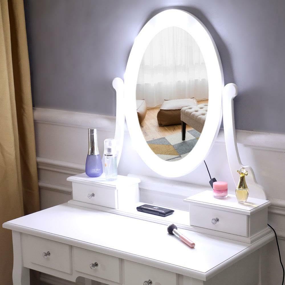10 LED Lighted Mirror Vanity Table Set Makeup Dressing Desk 5 Drawers Wood, White