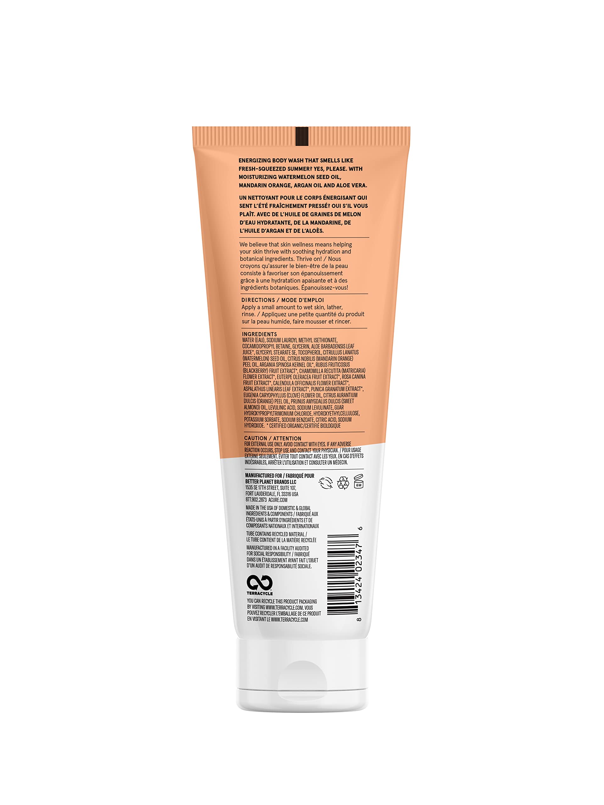 Acure Energizing Body Wash | 100% Vegan | With Watermelon Seed Oil, Mandarin Orange, Argan Oil and Aloe Vera - 8 oz