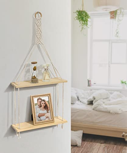 Afuly Macrame Hanging Shelves Wall Floating Shelf Natural Wood Chic Boho Decor 2 Tiers Pine Wood Cotton Rope Beige for Bedroom Bathroom Living Room Decor Ready to Hang, Beige