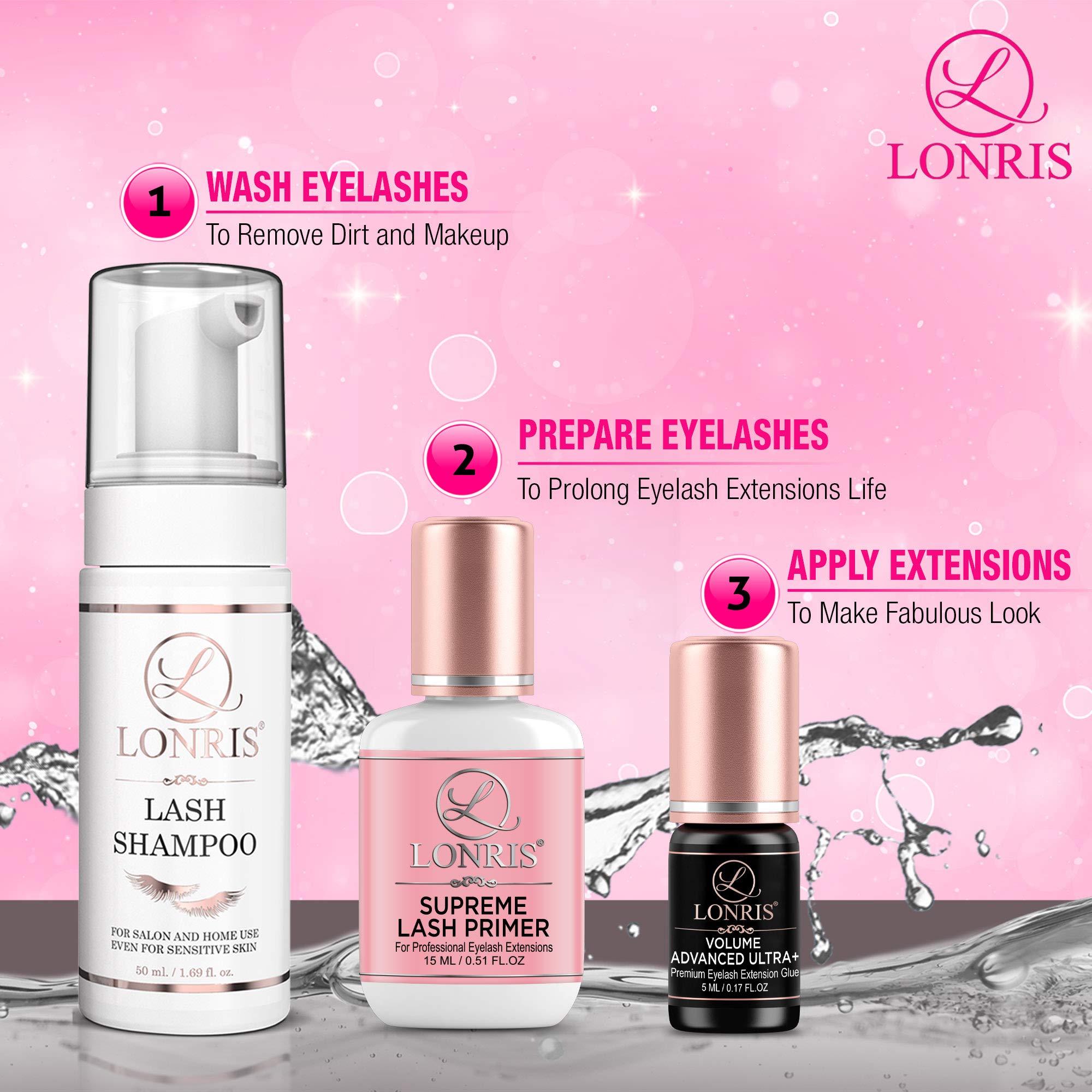 2 in 1 Eyelash Extension Shampoo & Mascara Remover/LONRIS Eyelid Foaming Cleanser/Extensions and Natural Lashes Safe Foam/False Eyelashes Makeup Wash/Paraben & Sulfate Free/Personal and Salon Use 50ml