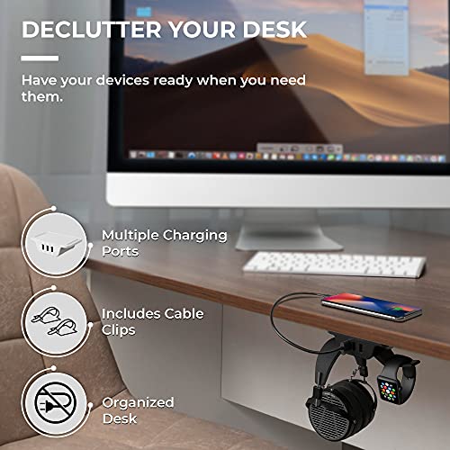 HumanCentric Hook and Charge Headphone Hanger with USB Charger, Under Desk Headphone Mount + Headphone Stand, Charge Accessories with 3 USB A Ports, Hook Headphones on Headset Holder Desk Hook, Black