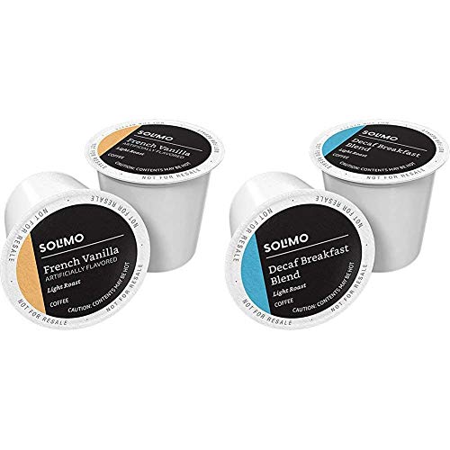 Amazon Brand - 100 Ct. Solimo Light Roast Coffee Pods, French Vanilla Flavored & 100 Ct. Solimo Decaf Light Roast Coffee Pods, Breakfast Blend, Compatible with Keurig 2.0 K-Cup Brewers