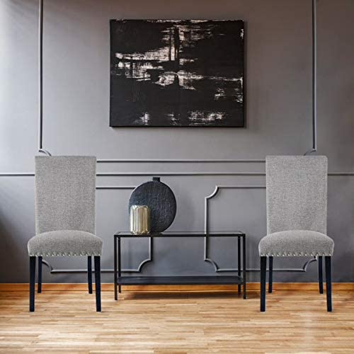 Cui Liu Owen Upholstered Dining Chair β Armless Dining Chair in Grey Linen with Black Wooden Leg and Shiny Silver Nailhead (Set of 2)