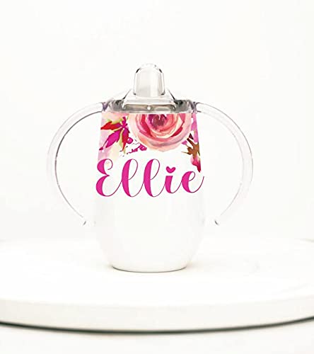 Personalized Insulated Stainless Steel Sippy Cup | Any Name or Text | Pink Floral and Name | Sippy cup for toddlers | Sippy cup for baby
