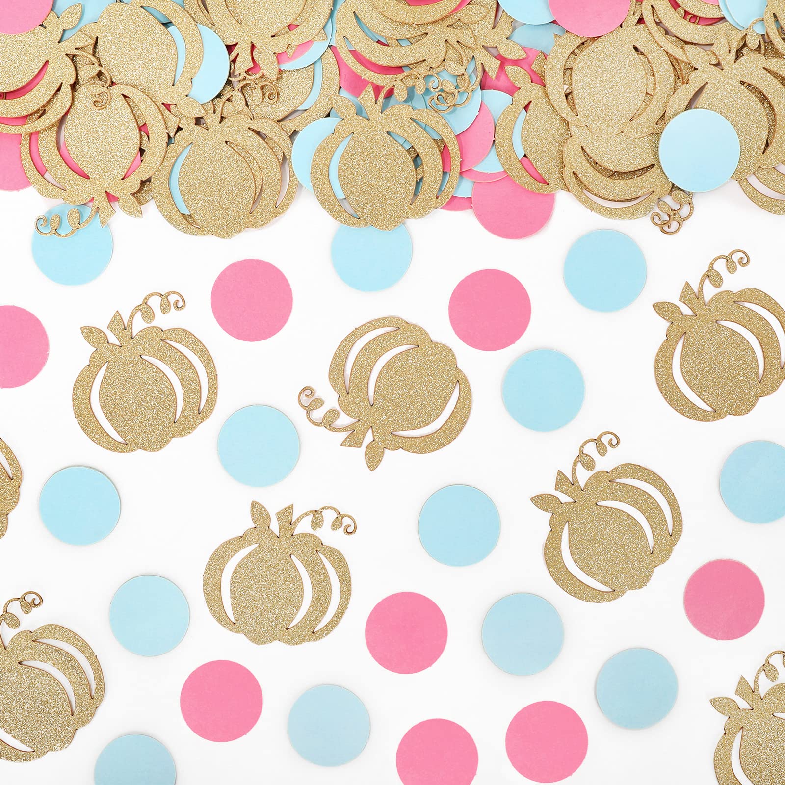 Whaline 300pcs Thanksgiving Little Pumpkin Confetti Glitter Gold Pumpkin Baby Shower Table Confetti Round Pink Blue Paper Dots for Thanksgiving Fall Gender Reveal Baby Birthday Supplies Table Decor